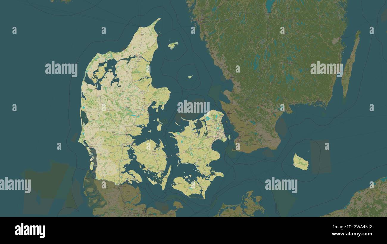 Denmark highlighted on a topographic, OSM Humanitarian style map Stock ...