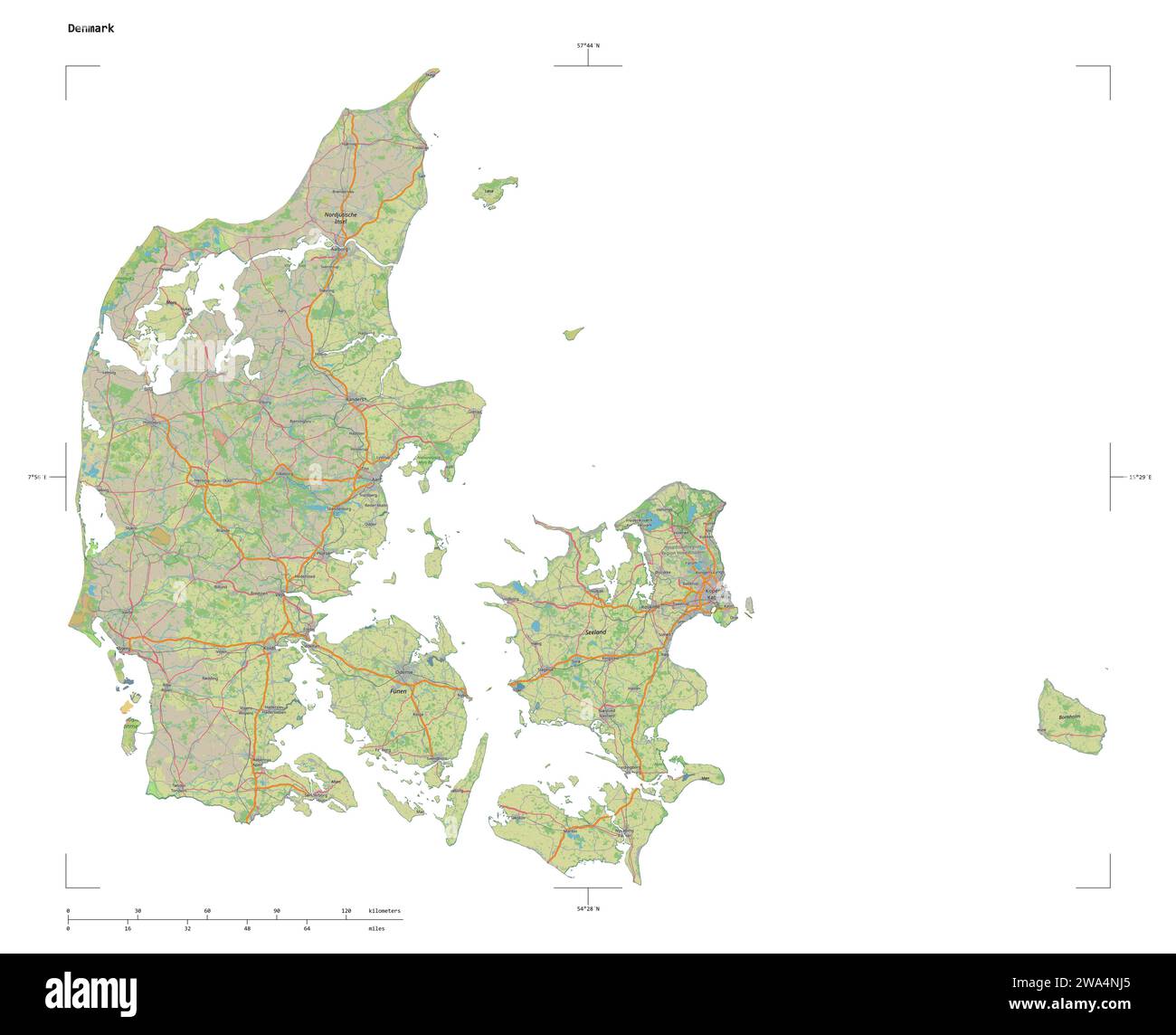 Shape of a topographic, OSM Germany style map of the Denmark, with distance scale and map border ...