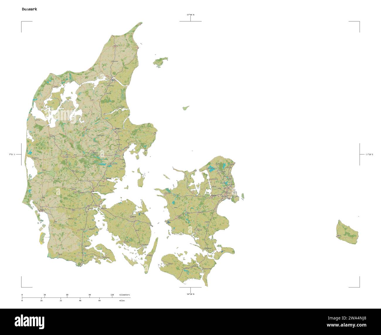 Shape of a topographic, OSM Humanitarian style map of the Denmark, with ...