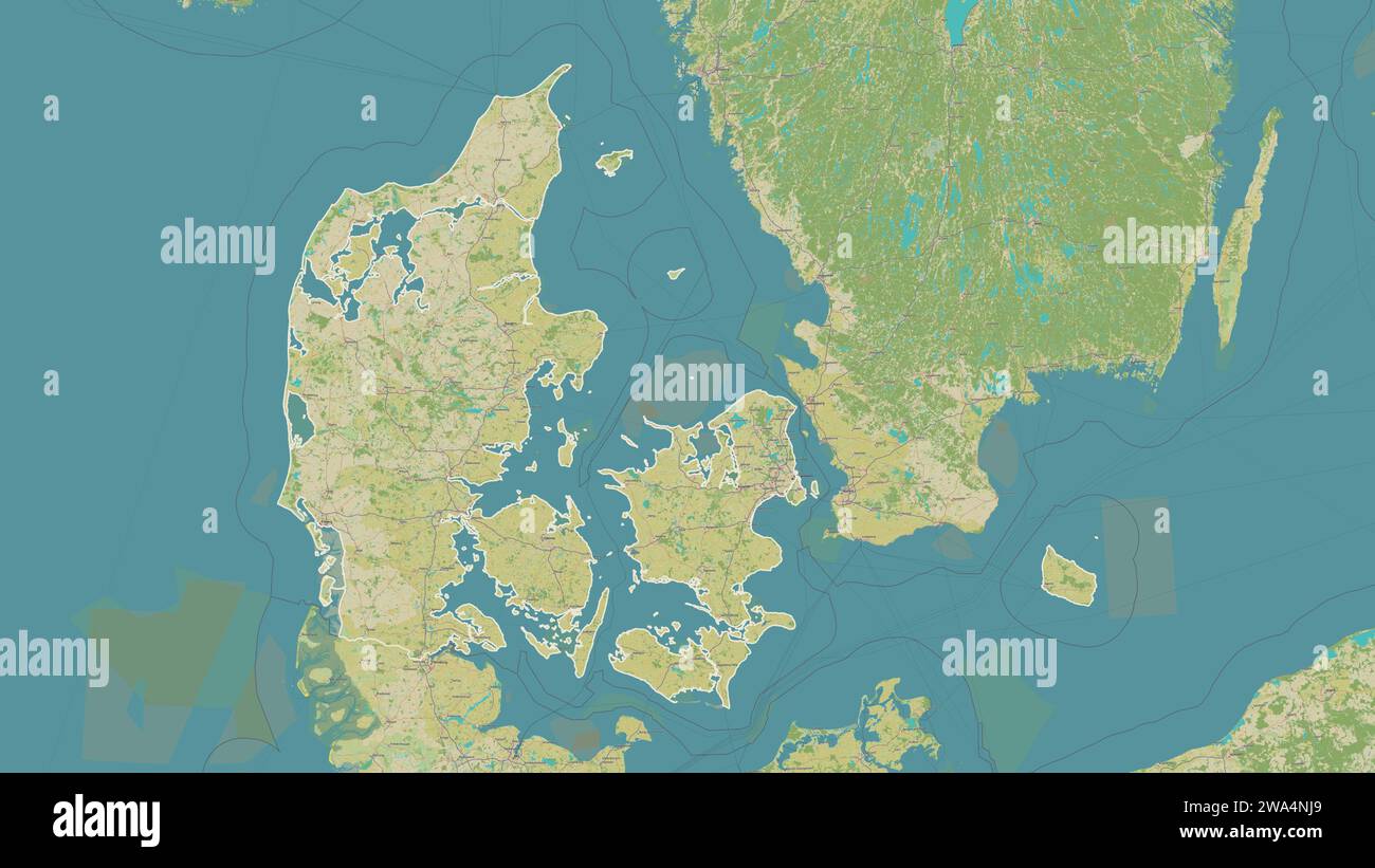 Denmark outlined on a topographic, OSM Humanitarian style map Stock ...
