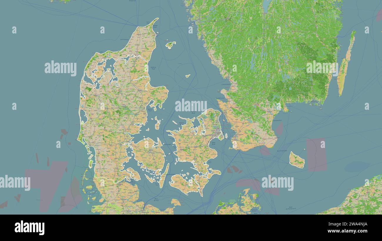 Denmark outlined on a topographic, OSM France style map Stock Photo - Alamy