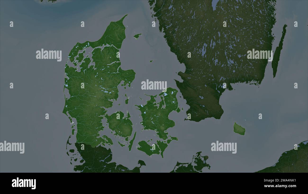 Denmark highlighted on a Pale colored elevation map with lakes and ...