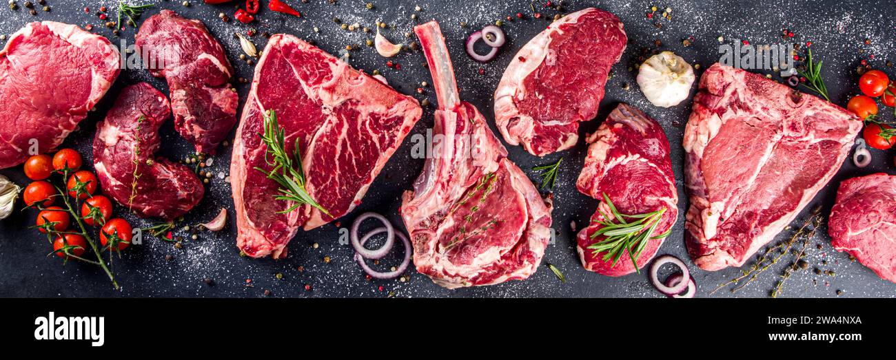 Set of various classic, alternative raw meat, veal beef steaks ...