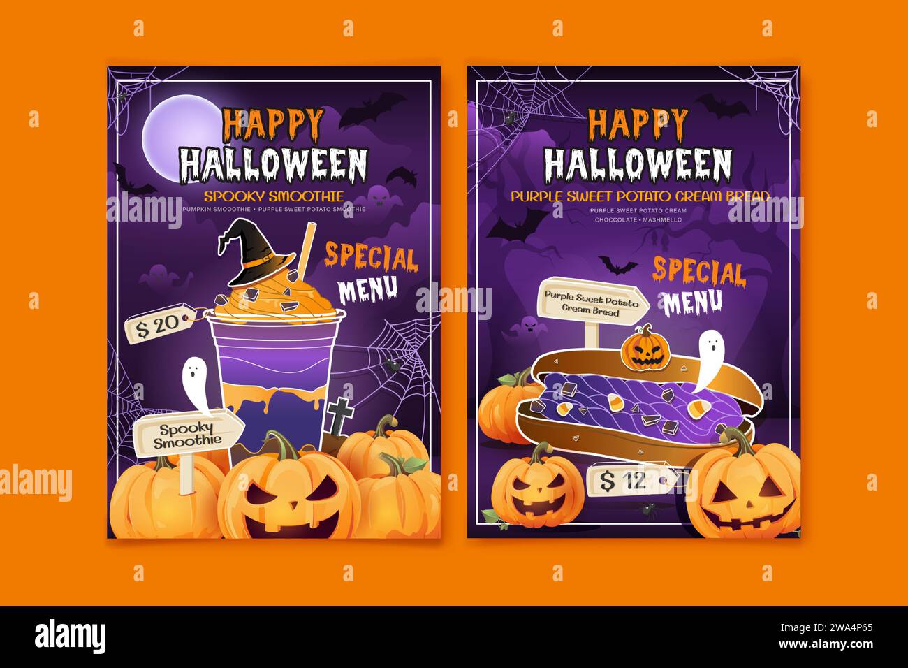 Halloween food menu poster design with jack-o-lantern decoration ...