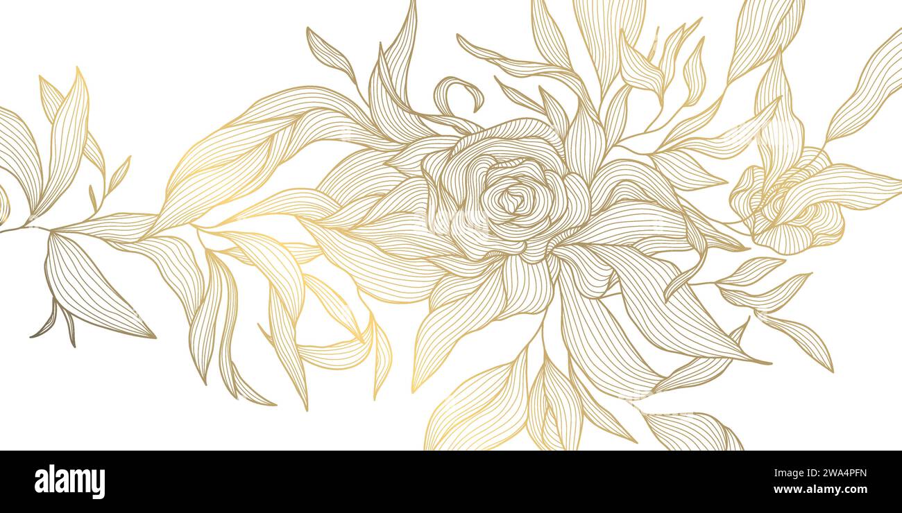 Vector gold line flower pattern, luxury art background. Leaves and ...