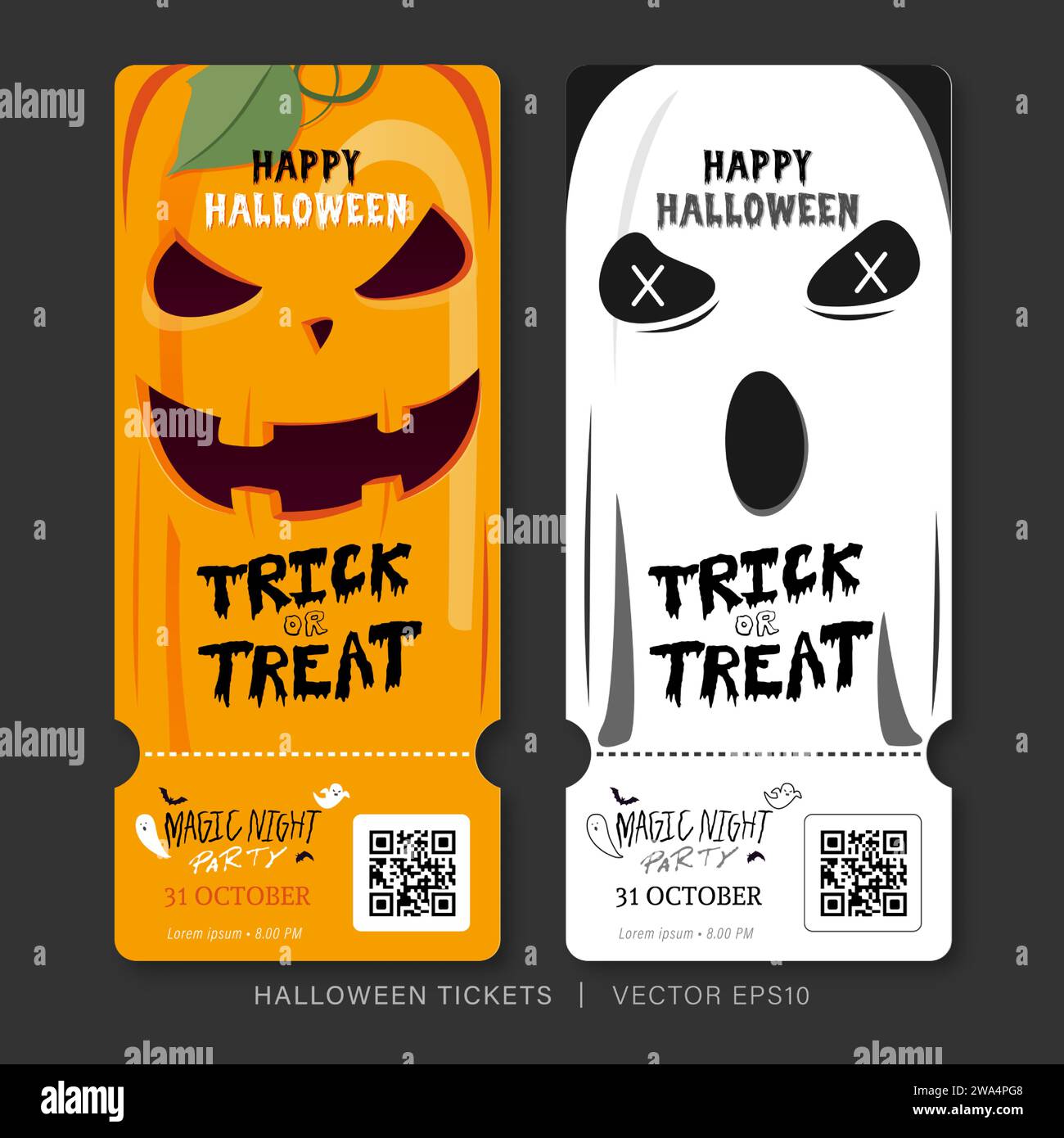 Halloween night party ticket pass template with Jack o lantern pumpkins ...