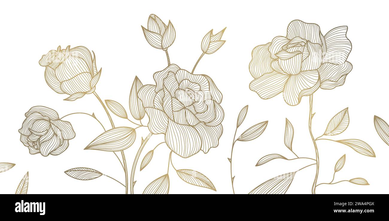 Vector gold line flower pattern, luxury art background. Leaves and ...