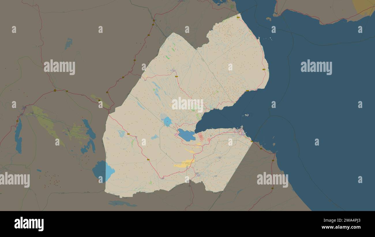 Djibouti highlighted on a topographic, OSM Germany style map Stock Photo - Alamy