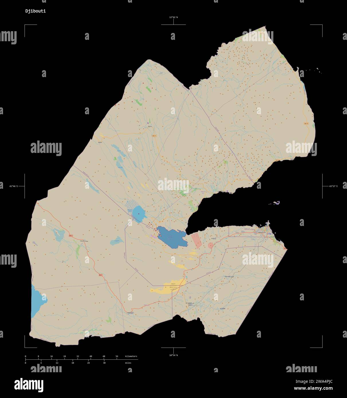 Shape of a topographic, OSM standard style map of the Djibouti, with distance scale and map ...