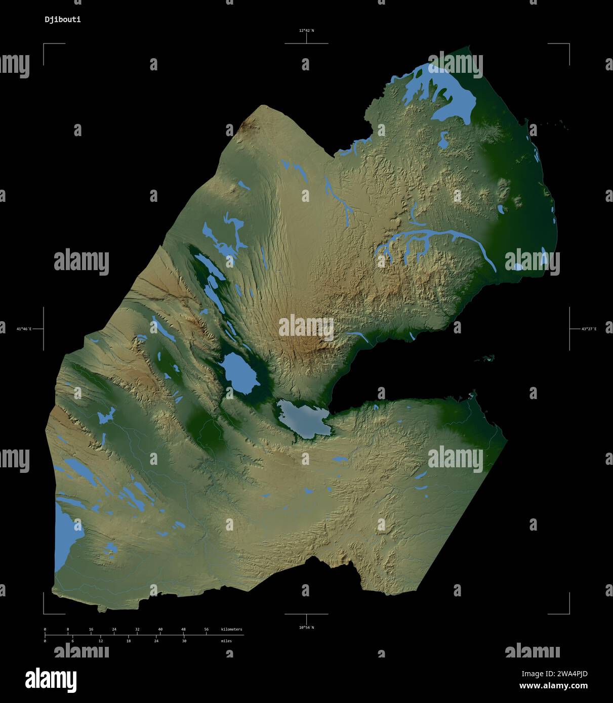 Shape of a Colored elevation map with lakes and rivers of the Djibouti ...