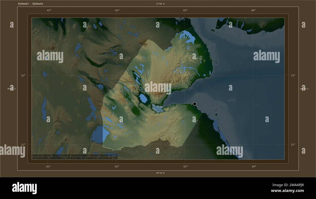 Djibouti highlighted on a Colored elevation map with lakes and rivers ...