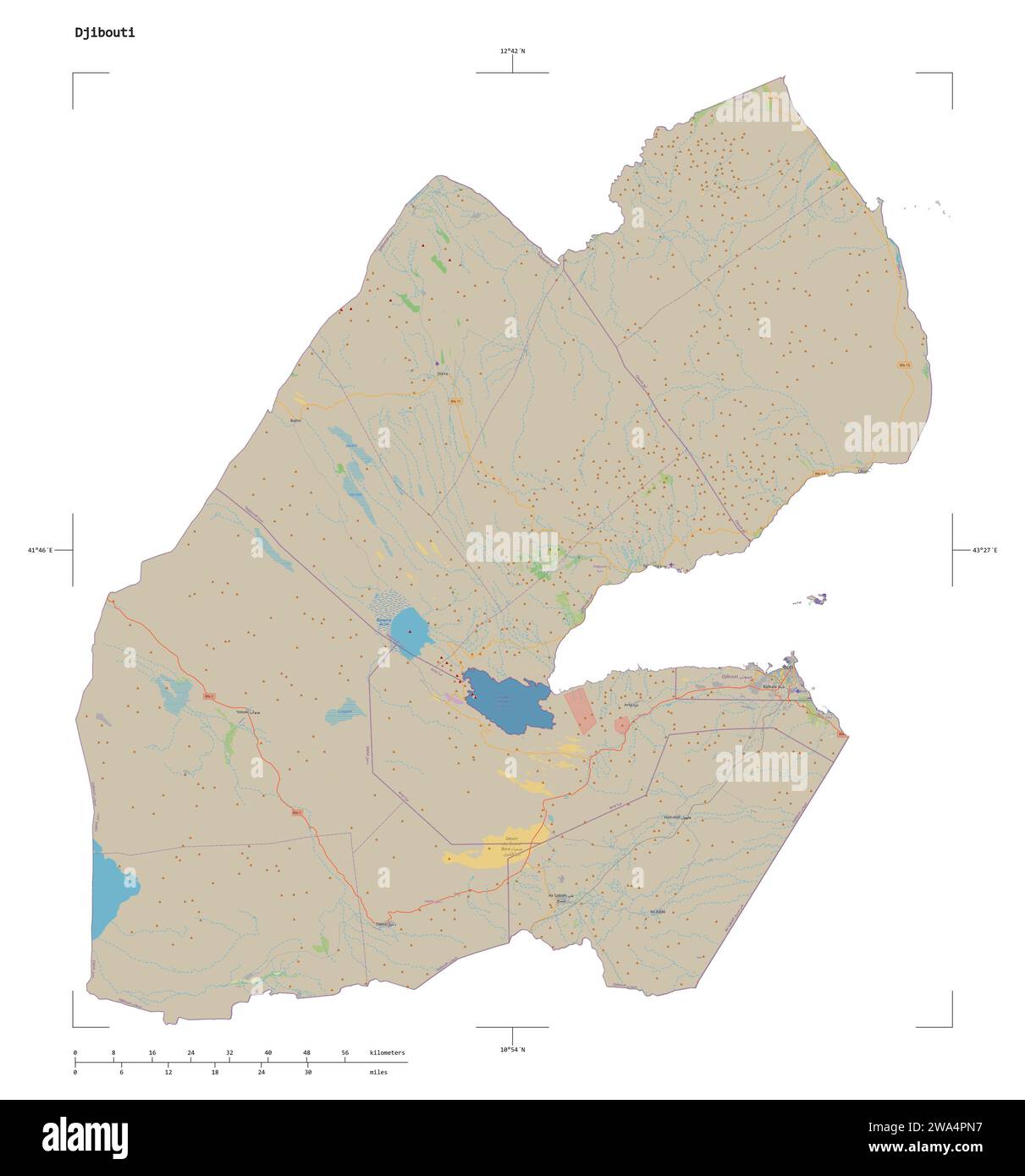 Shape of a topographic, OSM standard style map of the Djibouti, with ...