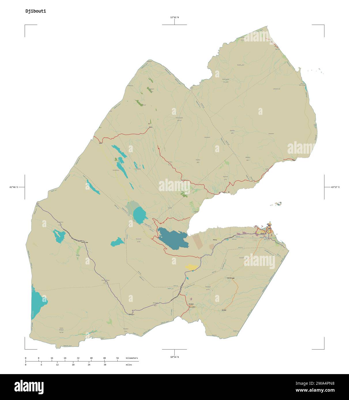 Shape of a topographic, OSM Humanitarian style map of the Djibouti ...
