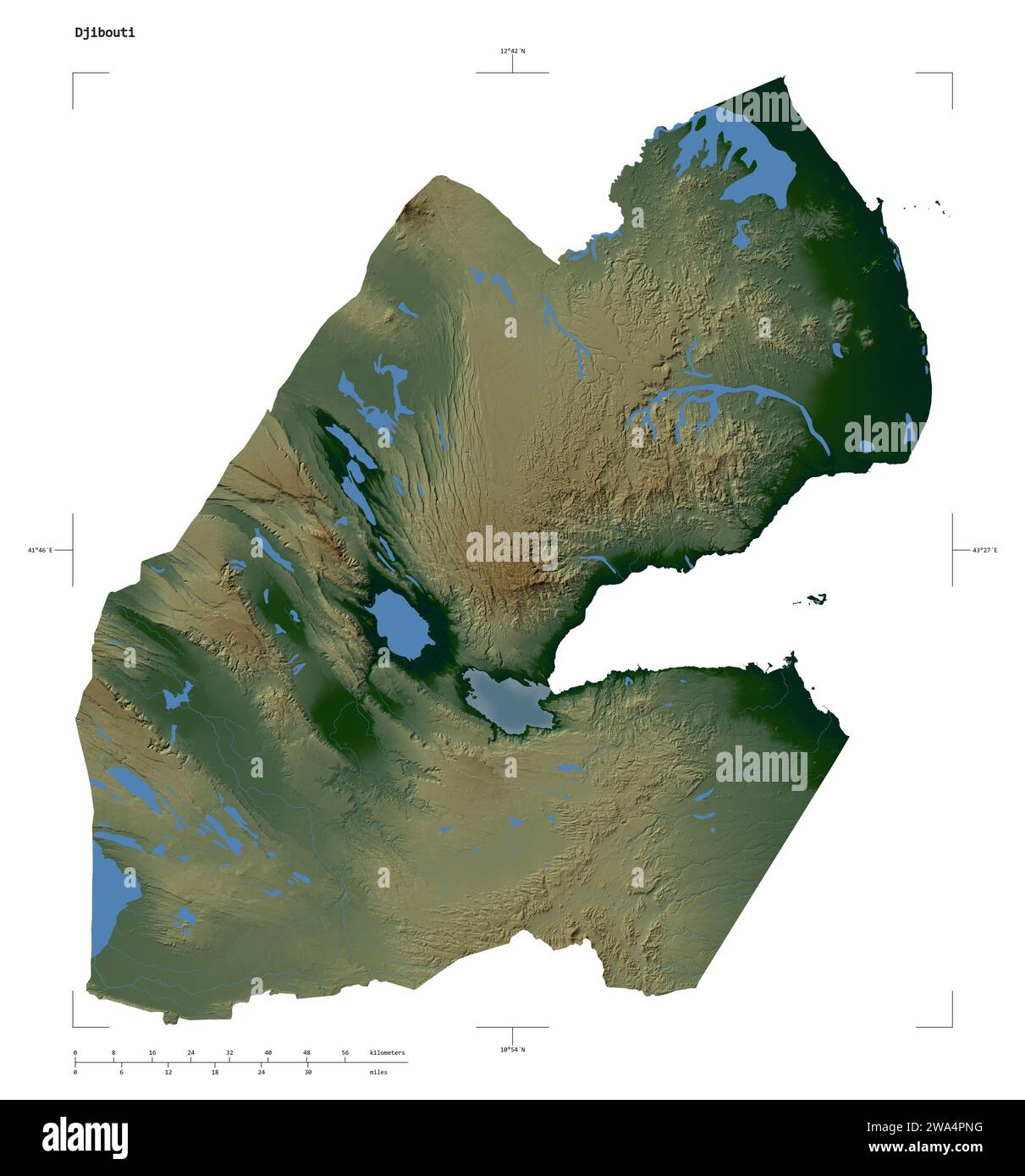 Shape of a Colored elevation map with lakes and rivers of the Djibouti ...