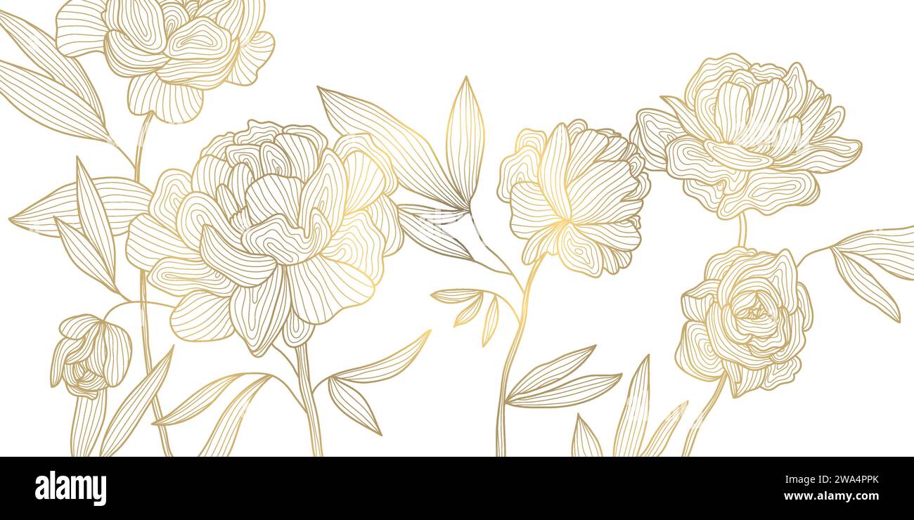 Vector gold line flower pattern, luxury art background. Leaves and ...