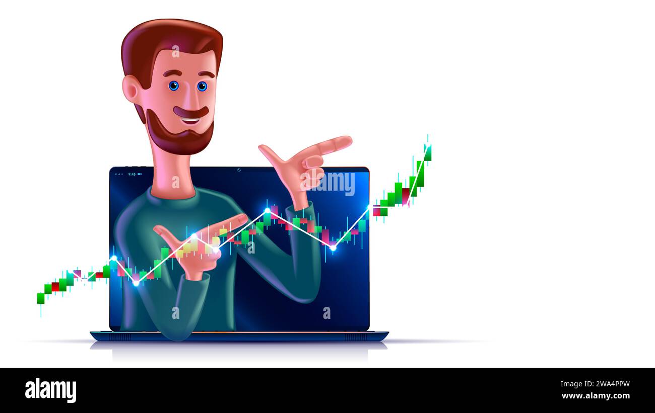 Stock market trader on screen laptop show financial investment graph. 3d vector character of ...