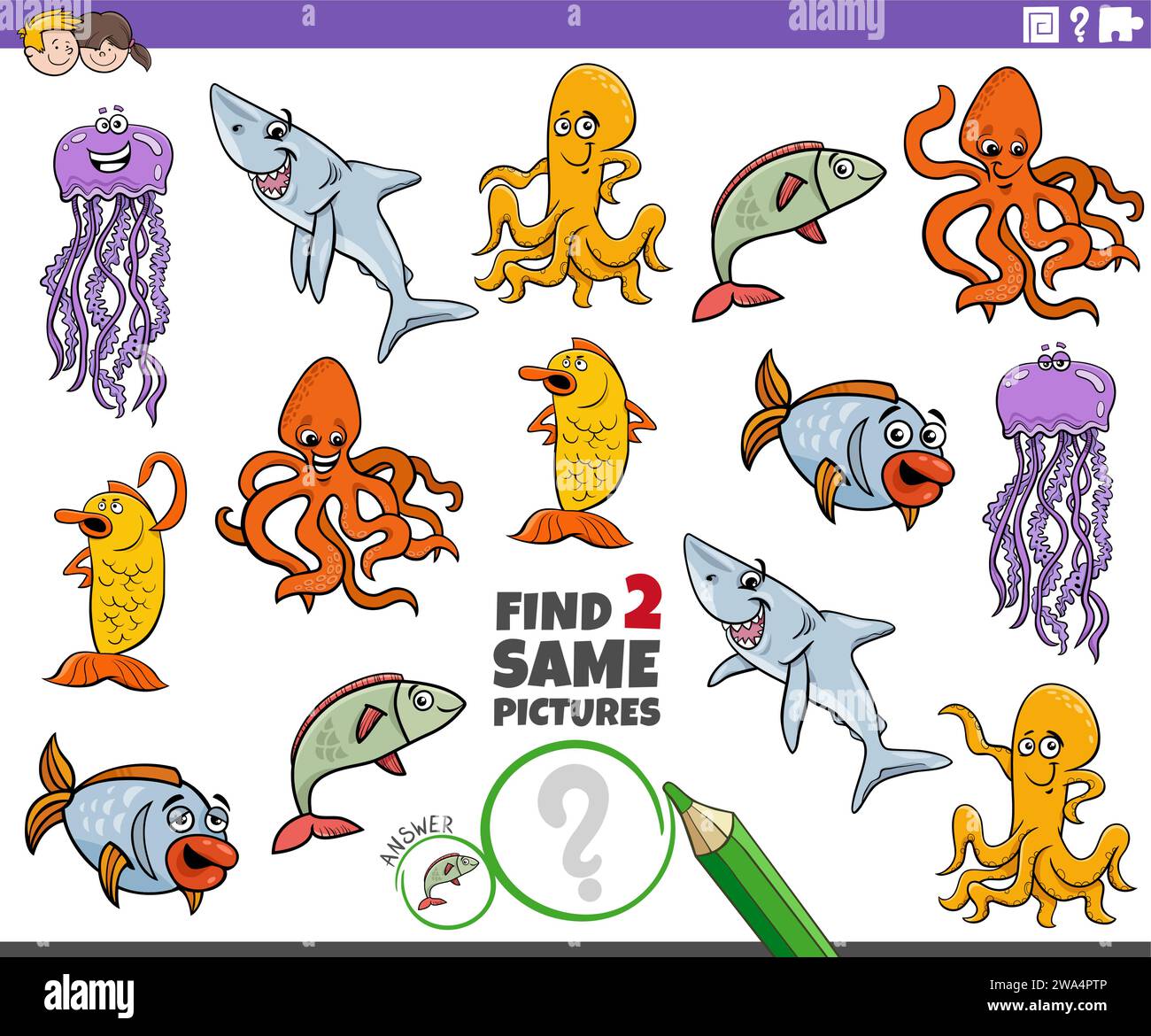 Cartoon illustration of finding two same pictures educational activity ...