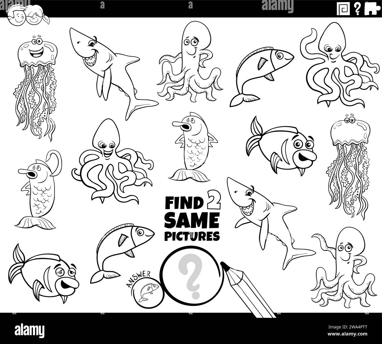 Cartoon illustration of finding two same pictures educational activity ...