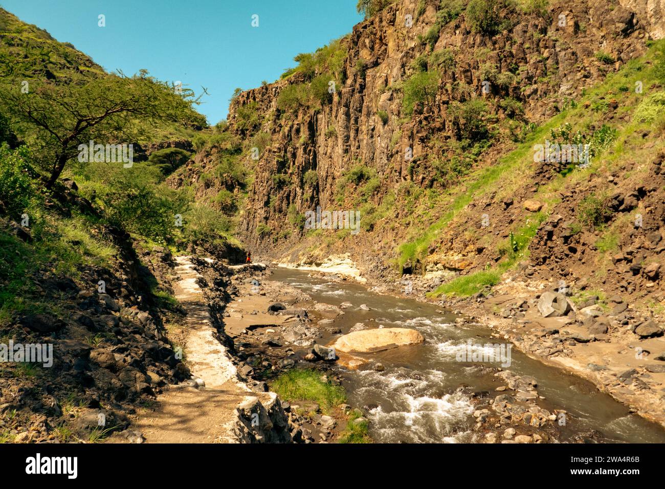 Scenic view of Ngare Sero river against rock formations in Ngorongoro ...