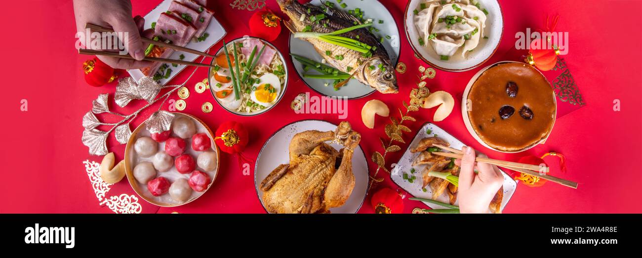 Traditional Chinese lunar New Year dinner table, party invitation, menu ...