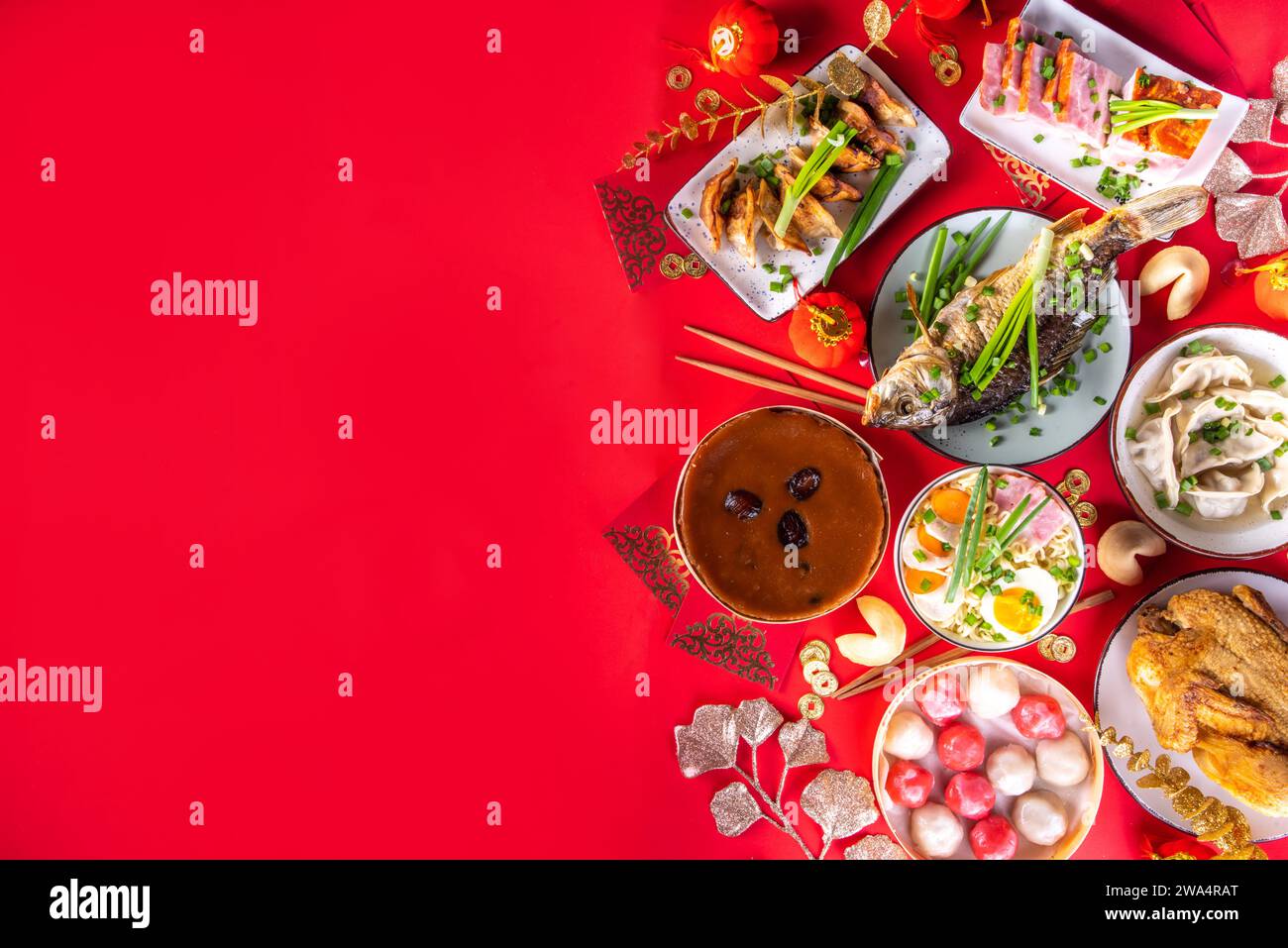 Traditional Chinese lunar New Year dinner table, party invitation, menu ...