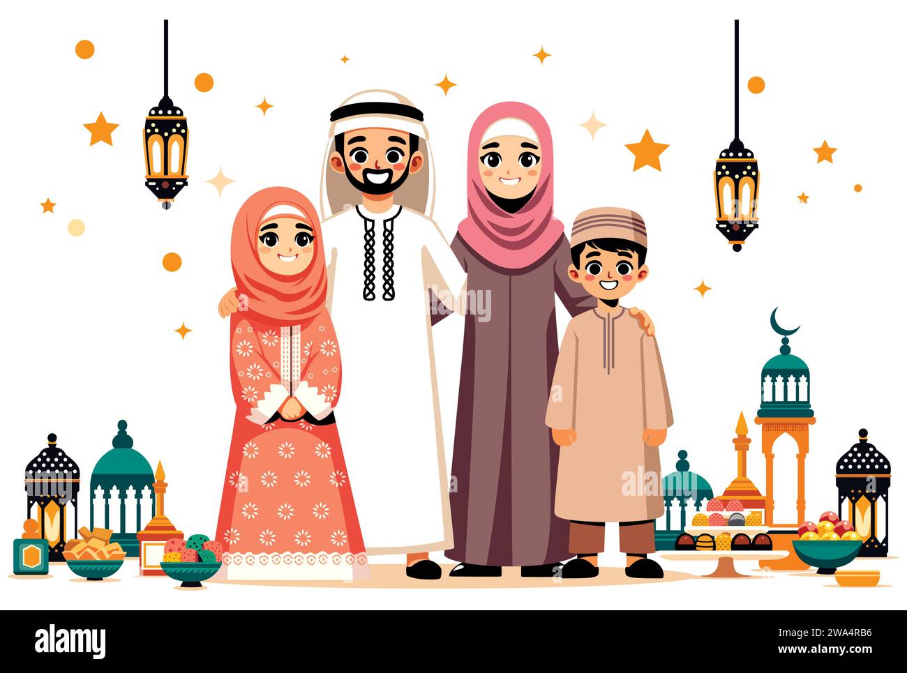 Flat style illustration of Middle Eastern family in festive attire with ...