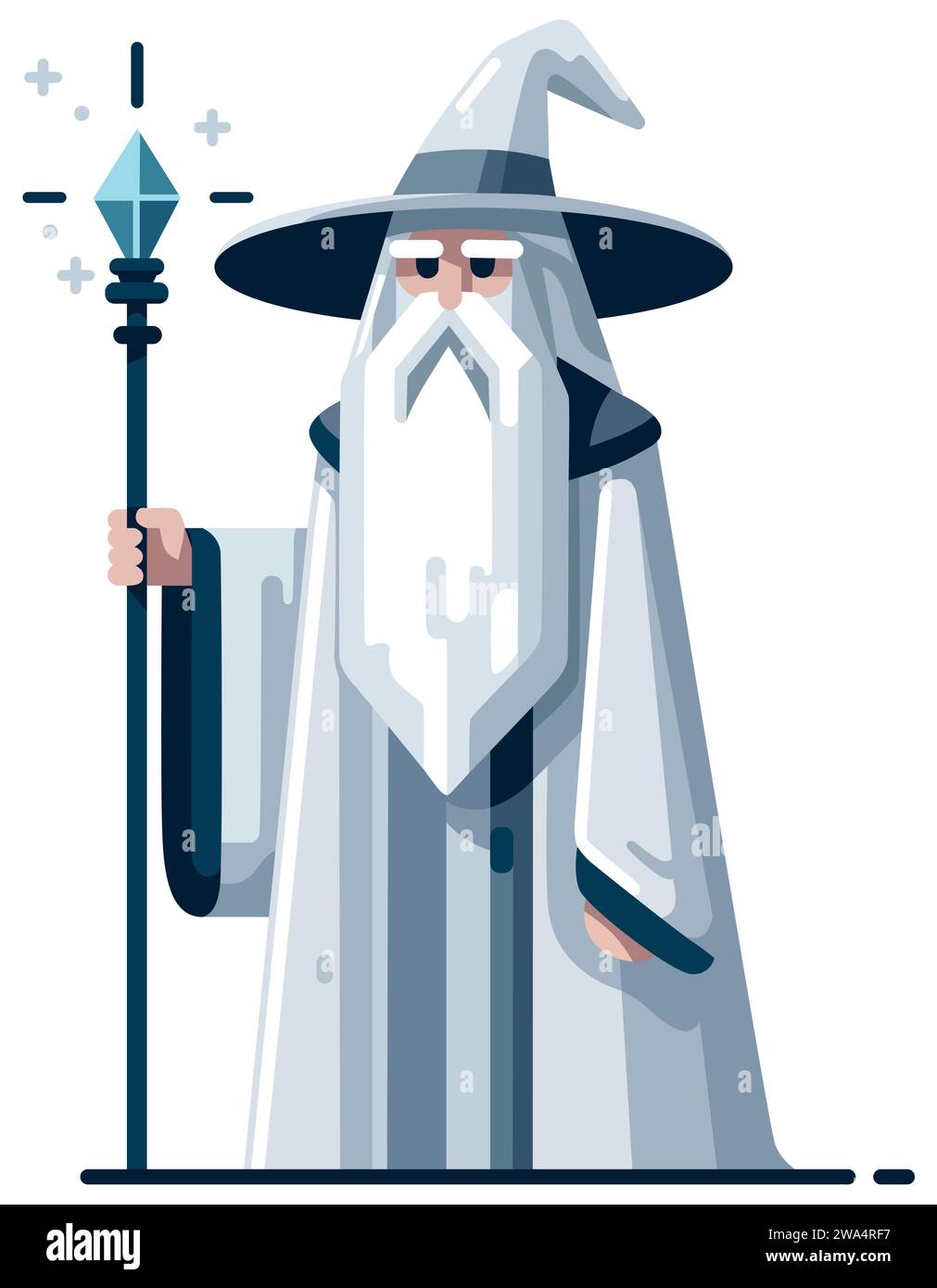 Flat style illustration of an old white wizard isolated on white ...