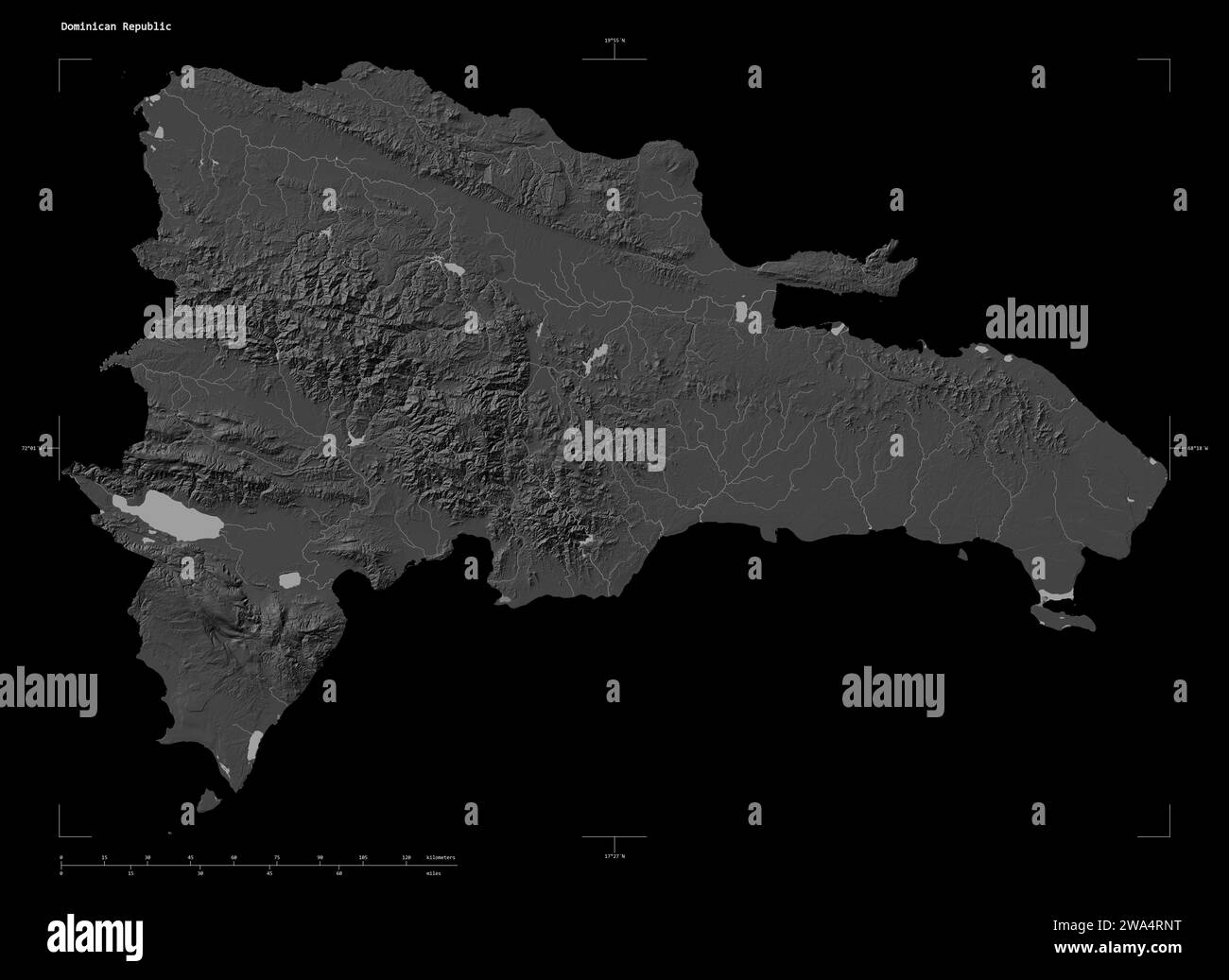 Shape of a Bilevel elevation map with lakes and rivers of the Dominican ...