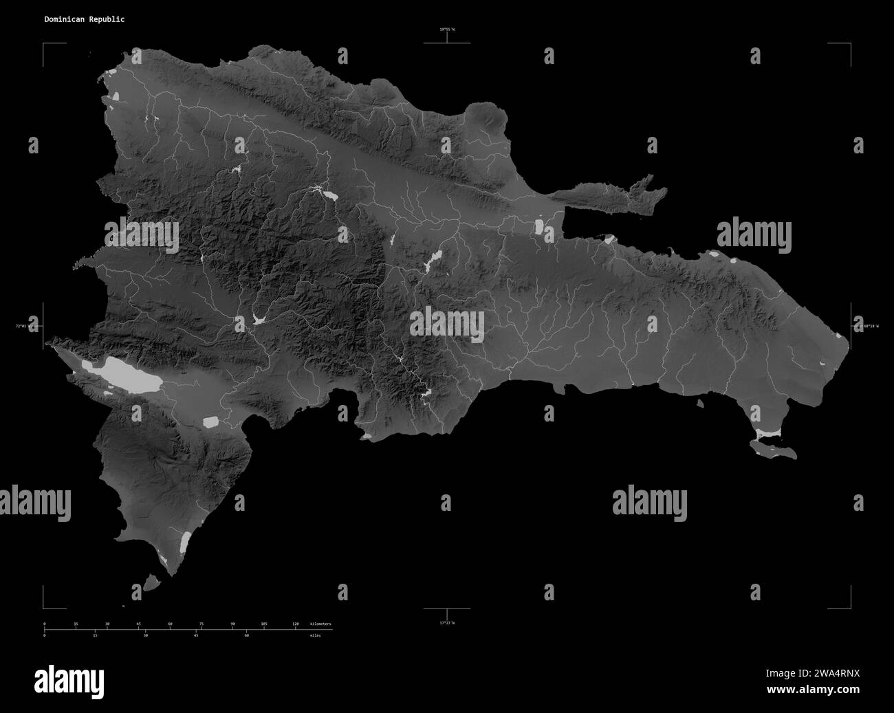 Shape of a Grayscale elevation map with lakes and rivers of the ...