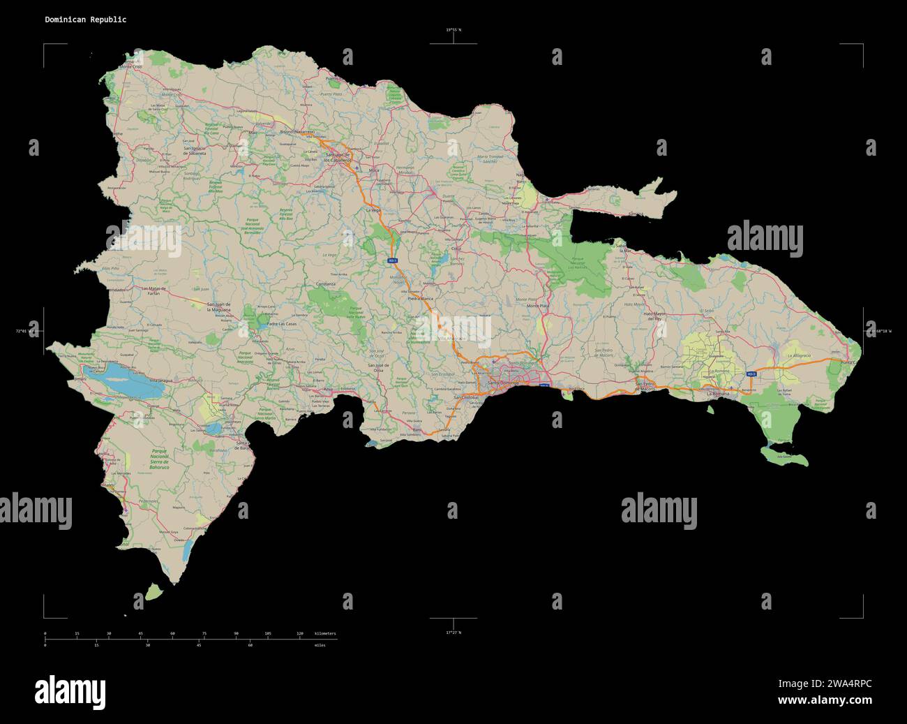Shape of a topographic, OSM Germany style map of the Dominican Republic, with distance scale and ...