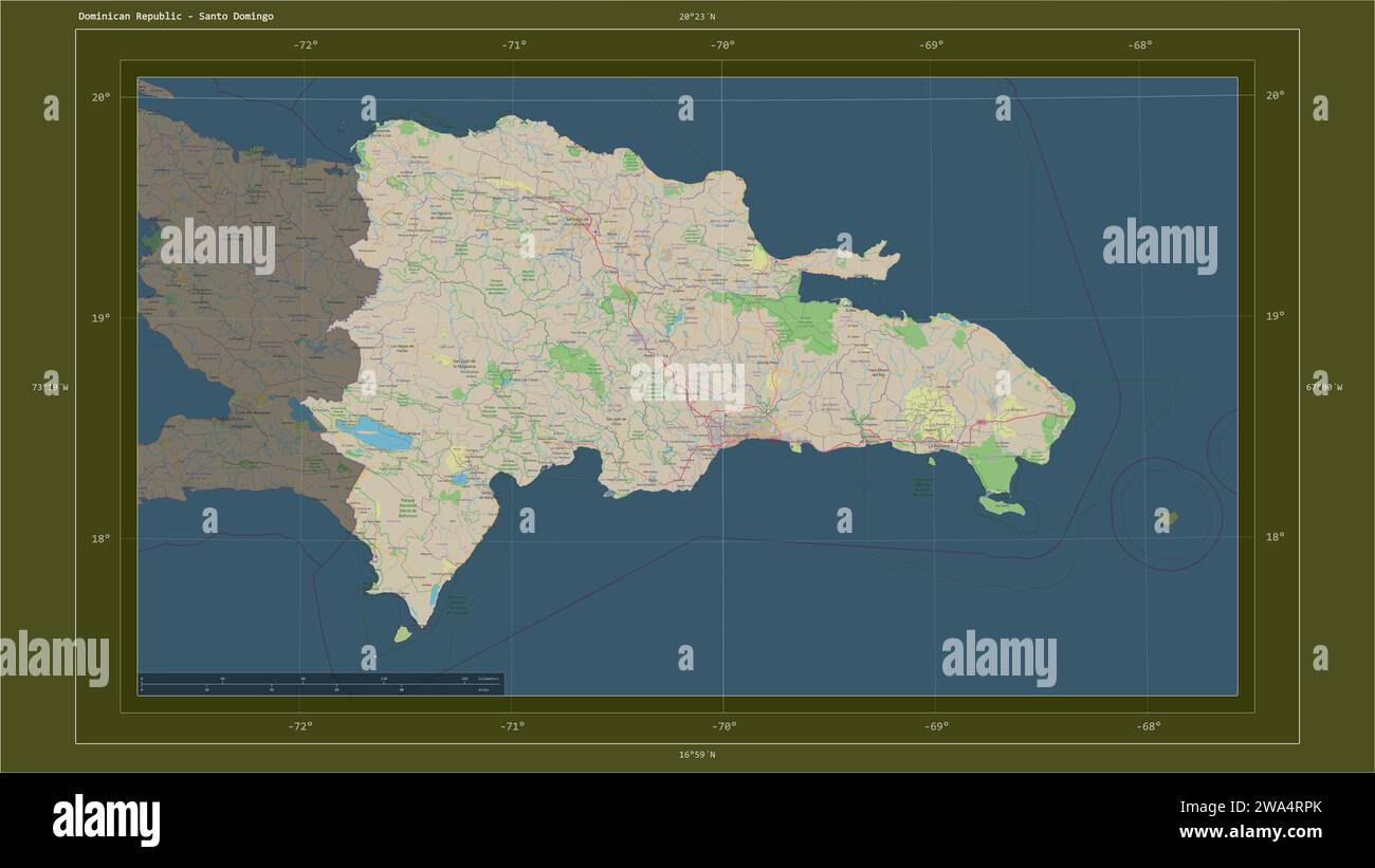 Dominican Republic highlighted on a topographic, OSM standard style map ...