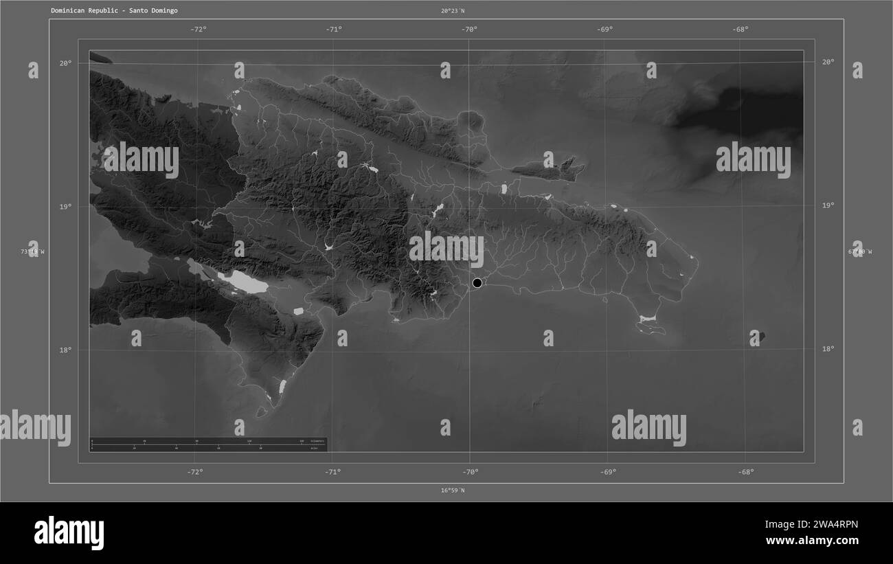 Dominican Republic highlighted on a Grayscale elevation map with lakes ...