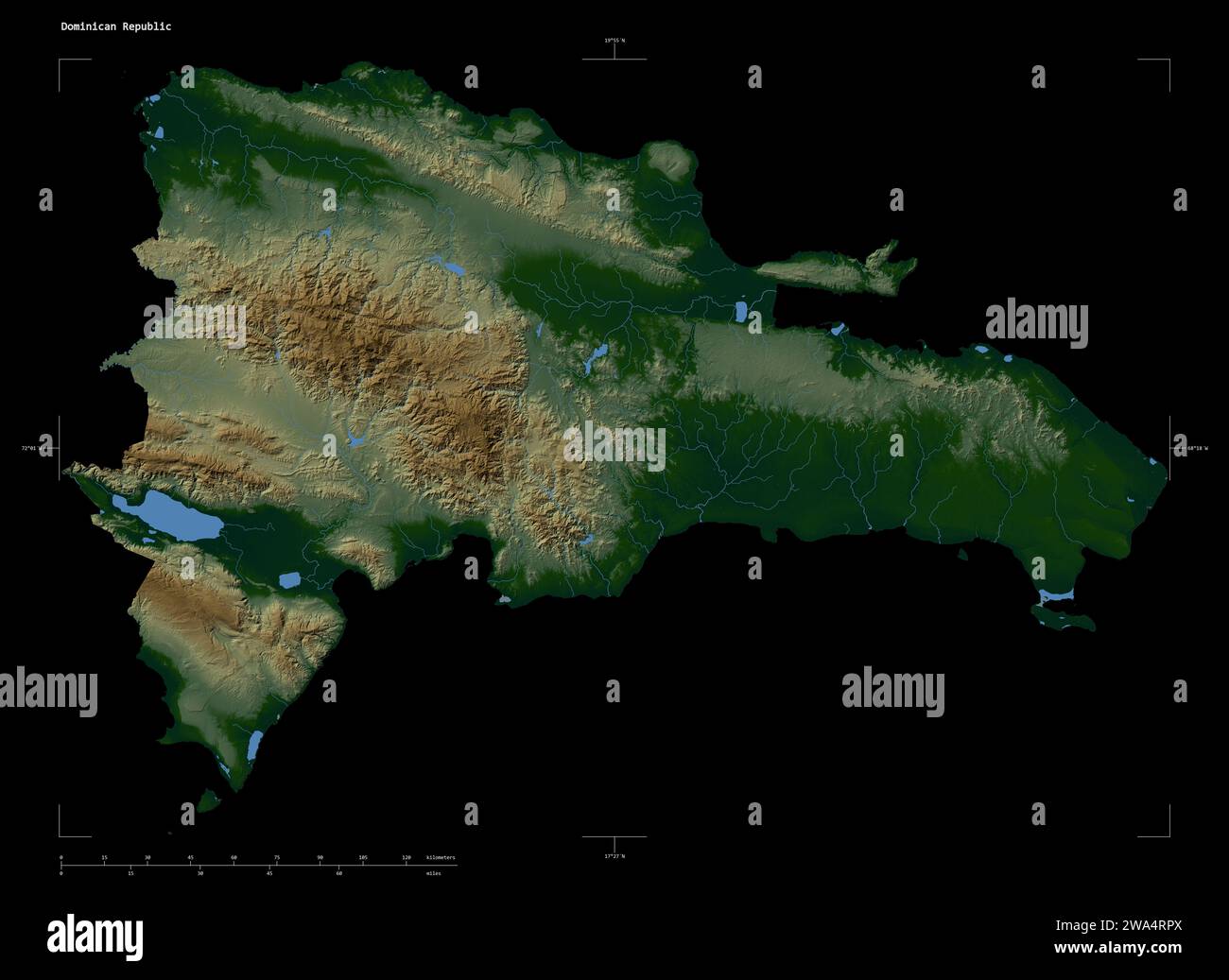 Shape of a Colored elevation map with lakes and rivers of the Dominican ...