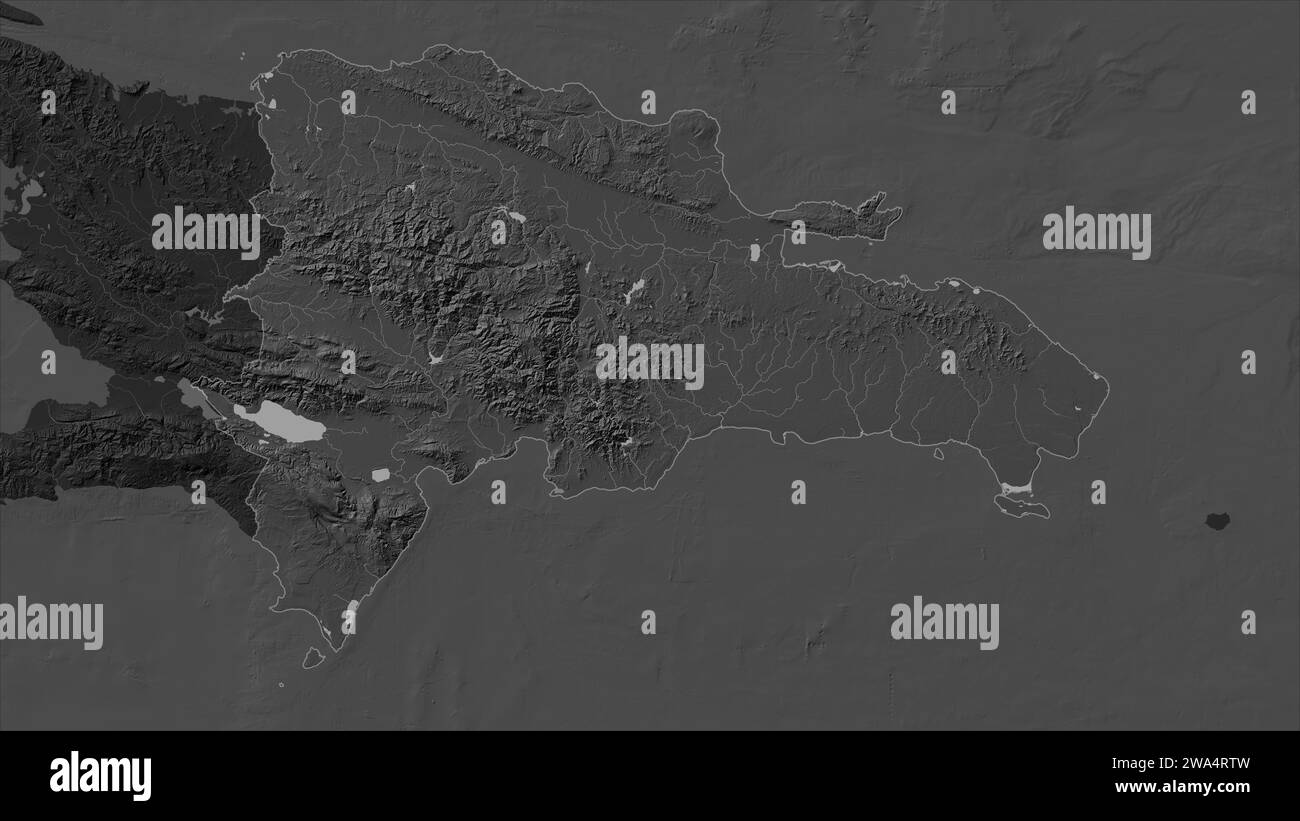 Dominican Republic highlighted on a Bilevel elevation map with lakes ...