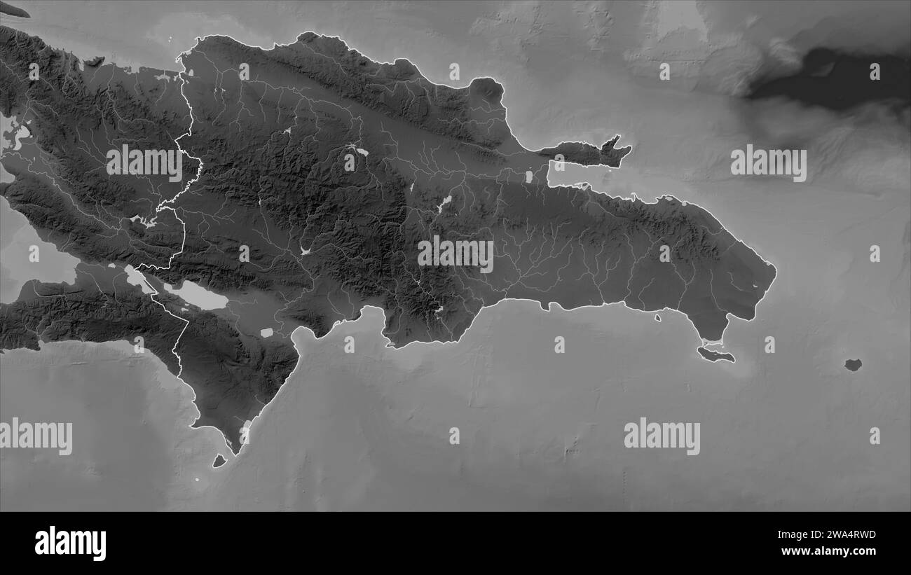 Dominican Republic outlined on a Grayscale elevation map with lakes and ...