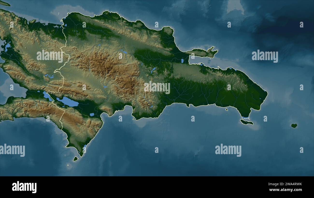 Dominican Republic outlined on a Colored elevation map with lakes and ...