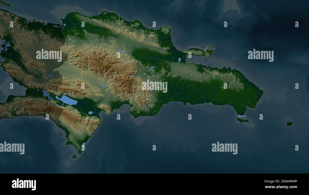 Dominican Republic highlighted on a Colored elevation map with lakes ...