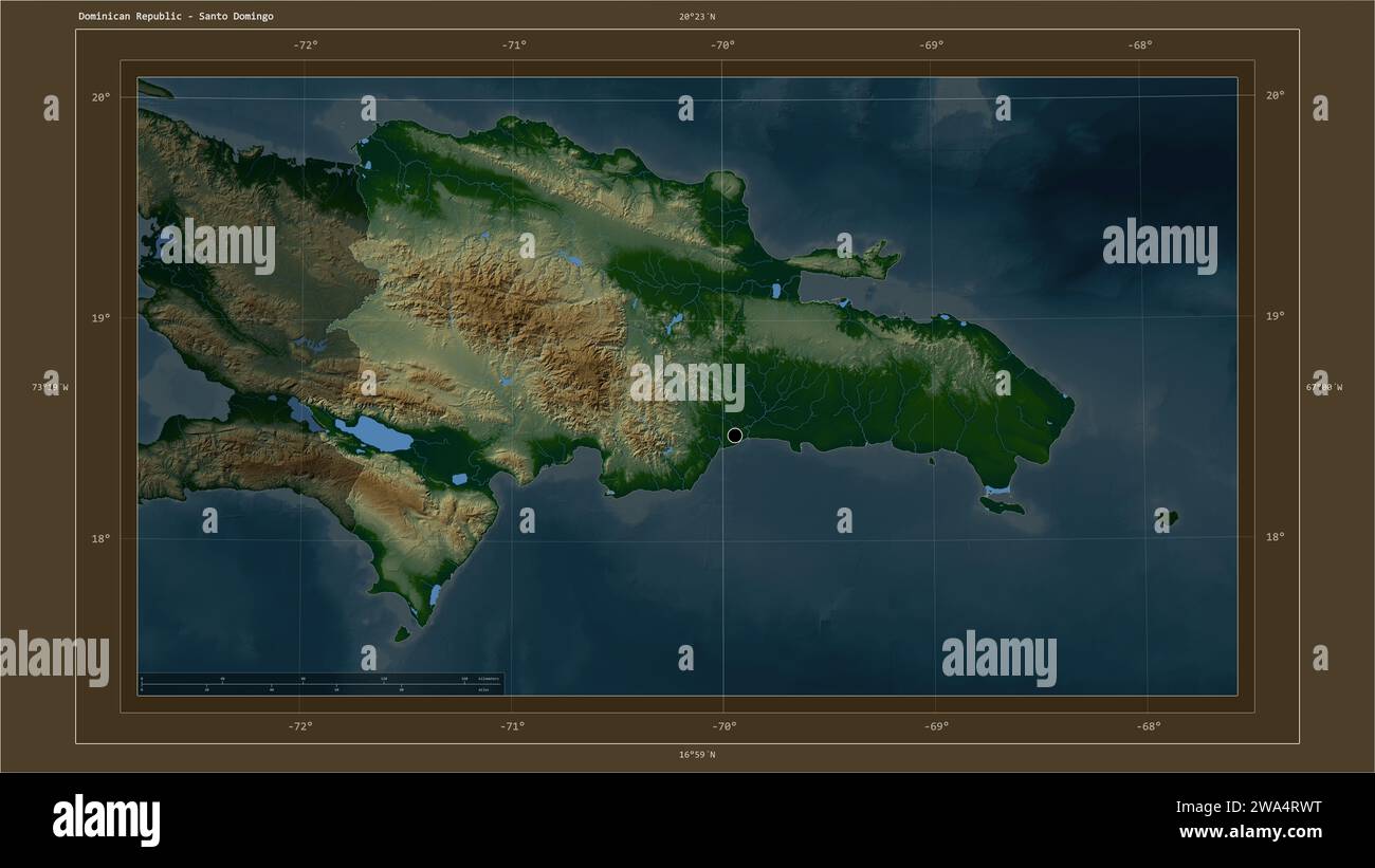 Dominican Republic highlighted on a Colored elevation map with lakes ...