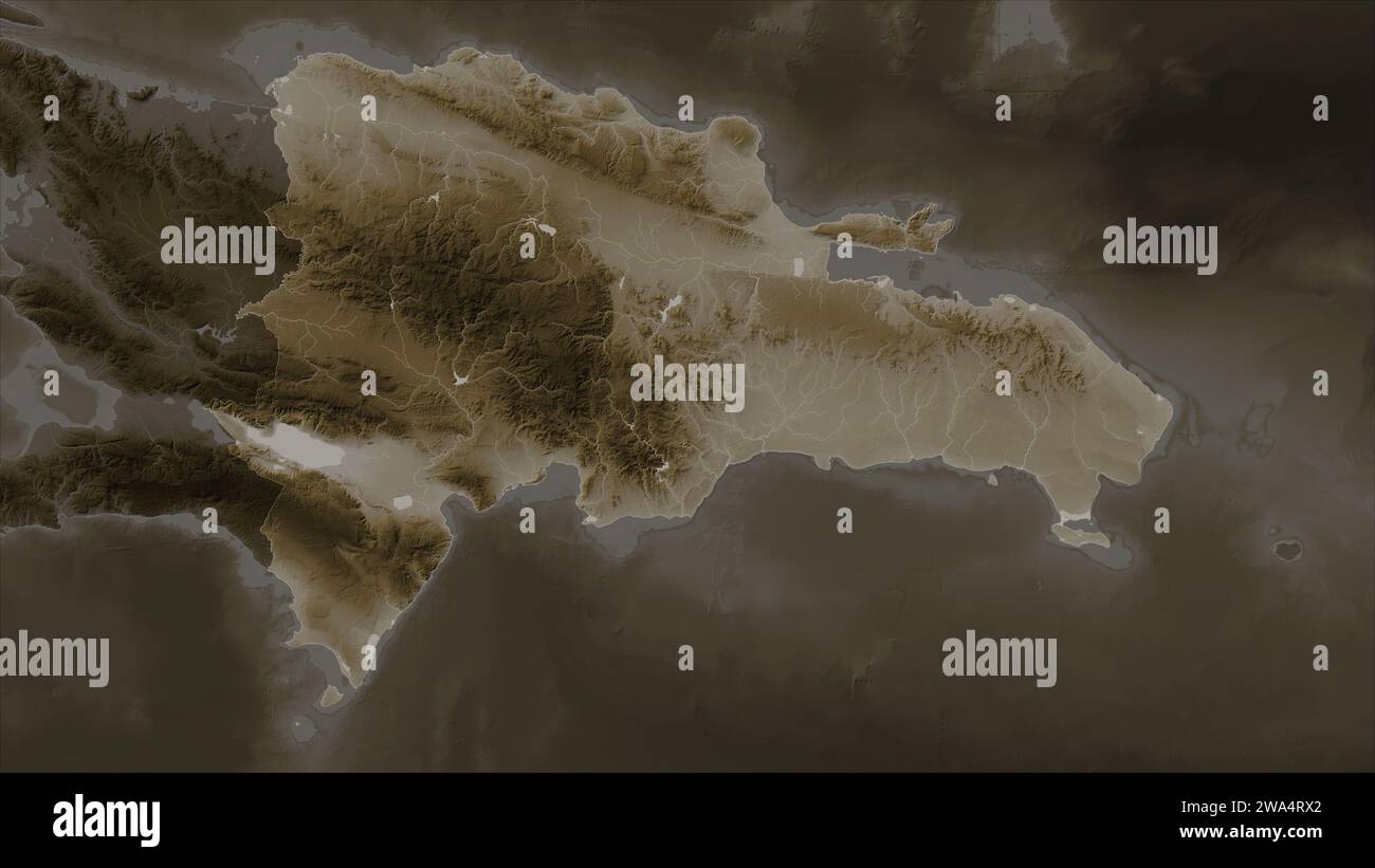 Dominican Republic highlighted on a elevation map colored in sepia ...
