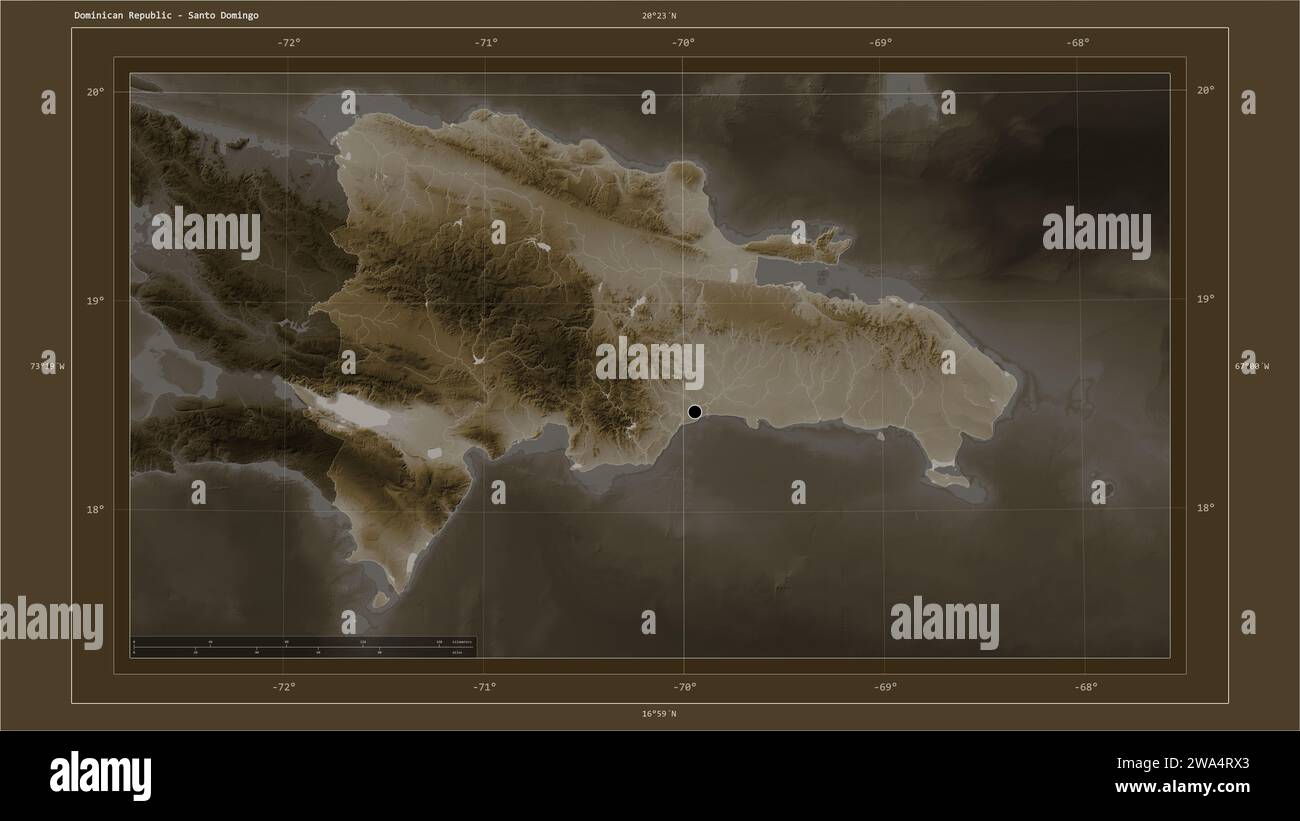 Dominican Republic highlighted on a elevation map colored in sepia ...