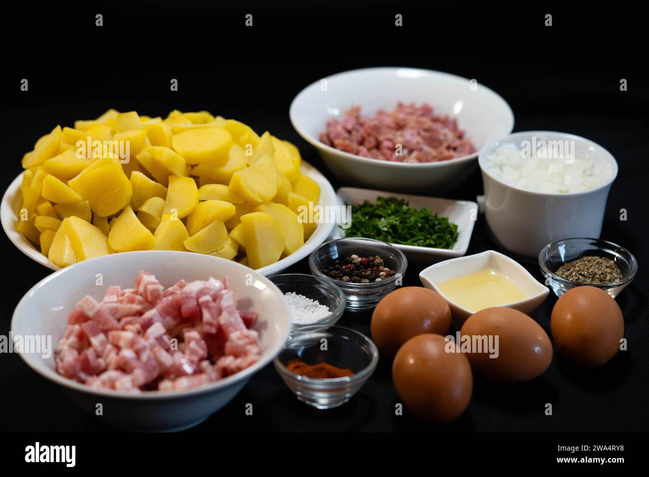 farmers breakfast roasted potatoes with ham and eggs Stock Photo - Alamy