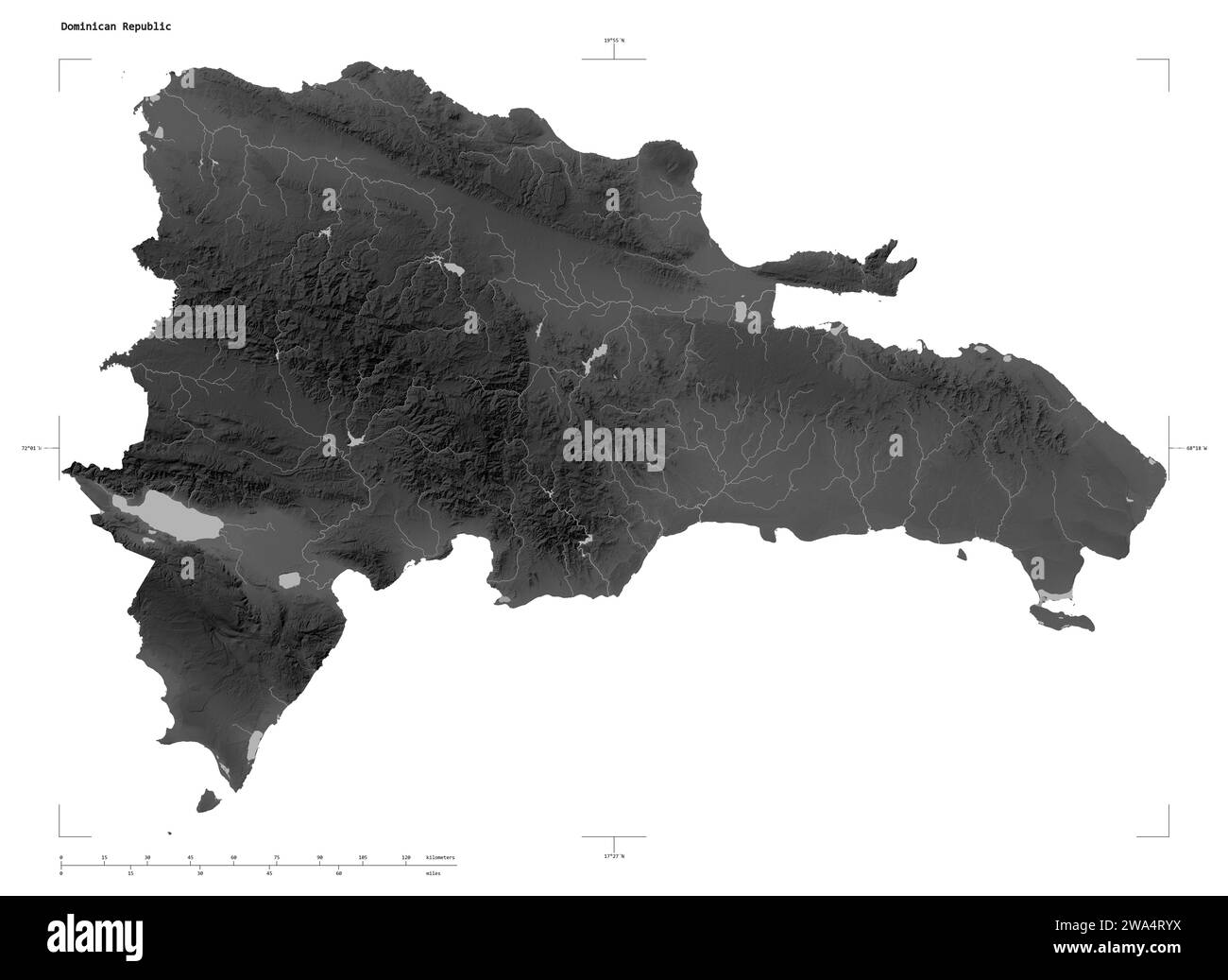 Shape of a Grayscale elevation map with lakes and rivers of the ...