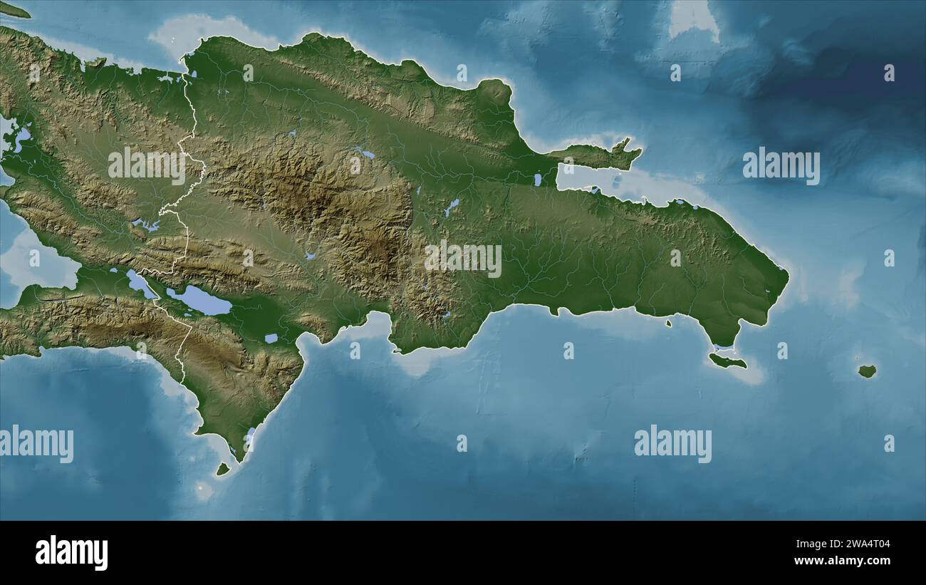 Dominican Republic outlined on a Pale colored elevation map with lakes ...