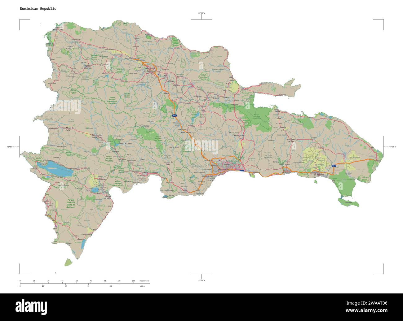 Shape of a topographic, OSM Germany style map of the Dominican Republic, with distance scale and ...