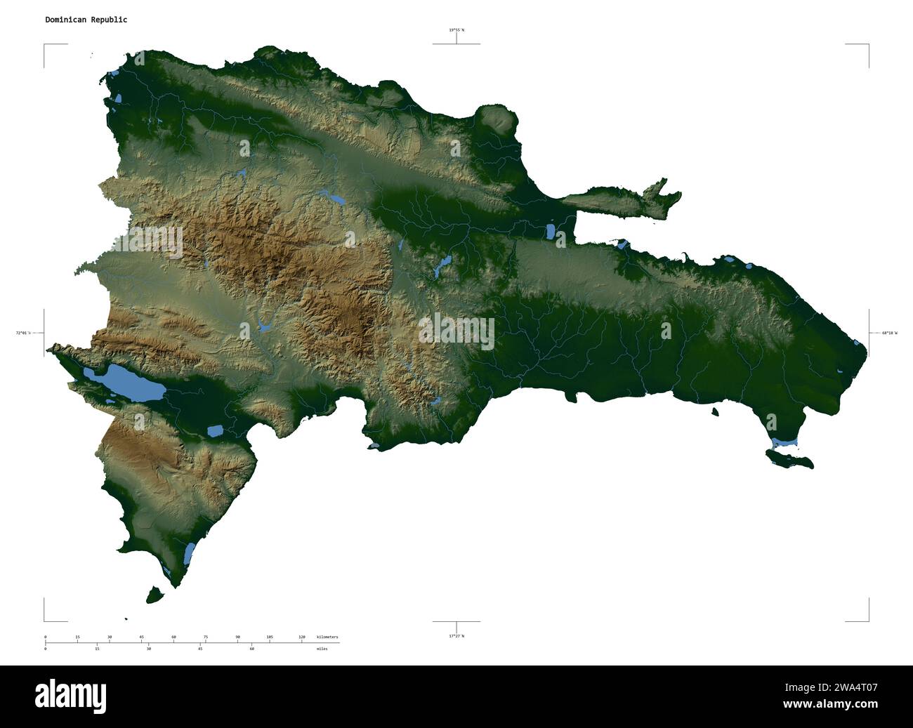 Shape of a Colored elevation map with lakes and rivers of the Dominican ...