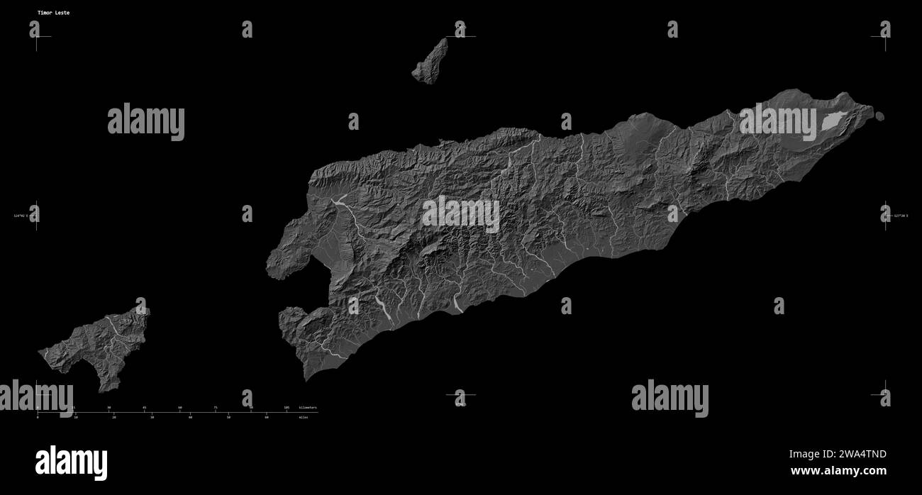 Shape of a Bilevel elevation map with lakes and rivers of the Timor Leste, with distance scale ...