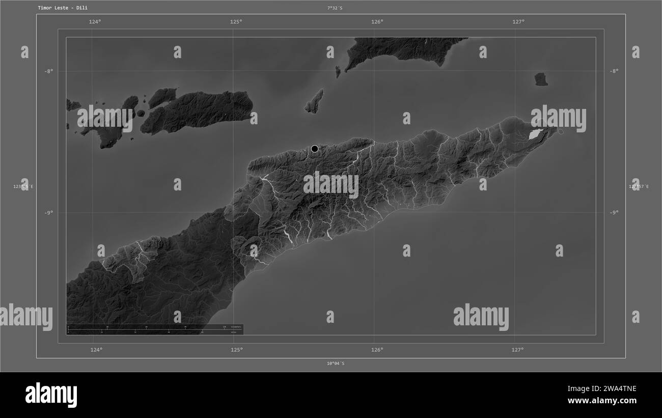 Timor Leste highlighted on a Grayscale elevation map with lakes and rivers map with the country ...