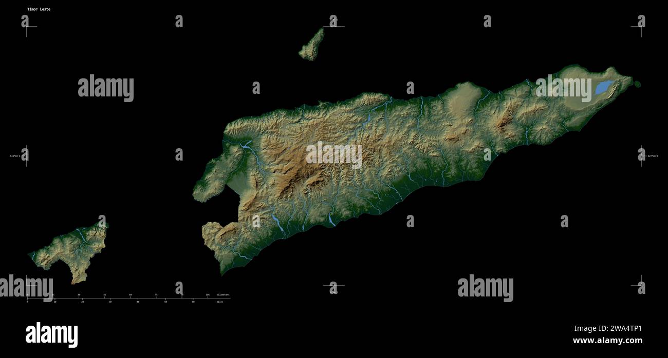 Shape of a Colored elevation map with lakes and rivers of the Timor Leste, with distance scale ...