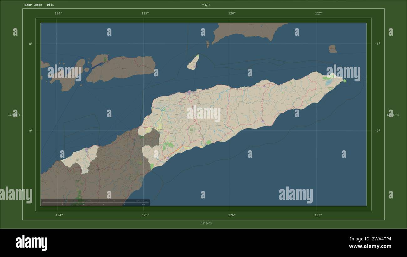 Timor Leste highlighted on a topographic, OSM Germany style map map with the country's capital ...