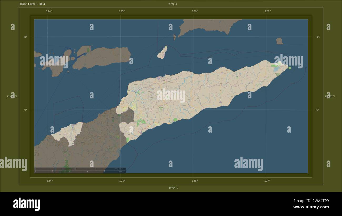Timor Leste highlighted on a topographic, OSM standard style map map with the country's capital ...